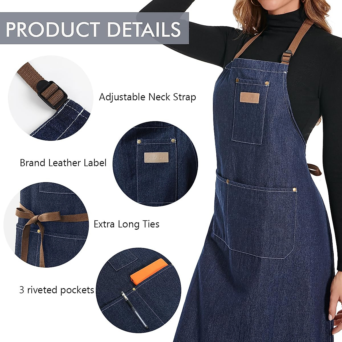 ROTANET Denim Work Apron with 3 Pockets Jean Shop Aprons for Chef Hairstylist Kitchen Woodworking for Men Women Blue