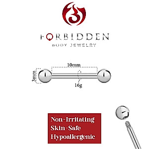 Forbidden Body Jewelry 16g 10mm Titanium Straight Barbell Body Piercing, 3mm Balls
