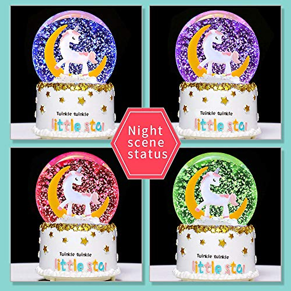 VECU Unicorn Snow Globe, 80 MM Automatic Snowfall Cartoon Moon Music Box Home Decoration for Girls Kids Granddaughters Babies Birthday Gift, Musical, Resin/Glass