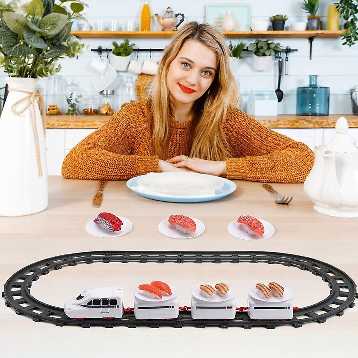 TOYANDONA Sushi Train Set Toy | Rotating Table Food Train Battery Powered Toy Train Set for Party DIY Sushi Display Table Swing Plate, Under Christmas Tree Train Track for Kids