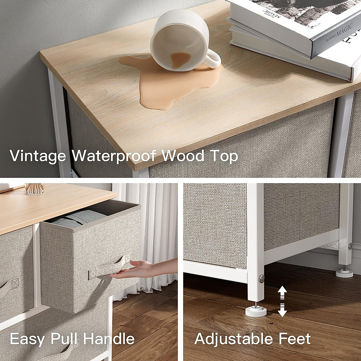 Pipishell Fabric Dresser, Dresser for Bedroom with 5 Drawers, Wide Dresser Storage Tower Organizer Unit with Wood Top and Easy Pull Handle for Closets, Living Room, Nursery Room, Hallway（Light Grey）