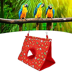 Pssopp Bird Snuggle Hut, Bird Hanging Hammock Tent Toy Bird Cave Hanging Tent Birds Hideaway Sleeping Bed Fuzzy for Resting Hiding Playing Red Christmas