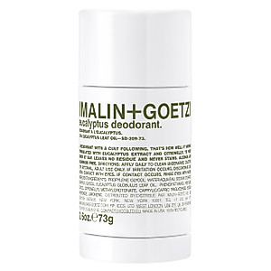 Malin + Goetz Eucalyptus Deodorant, natural effective odor & sweat defense, for all skin types, clear color, no residue/stains, free of aluminum, alcohol, baking soda, parabens, cruelty free 2.6 Fl Oz