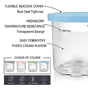 BBAUER Ice Cream Containers 4 Pack for Ninja Creami Pint Containers,16oz Cup Compatible with NC301 NC300 NC299AMZ Series Ice Cream Maker,with 4 PC Spoons,Leak Proof,Pink/Green/Grey/Blue