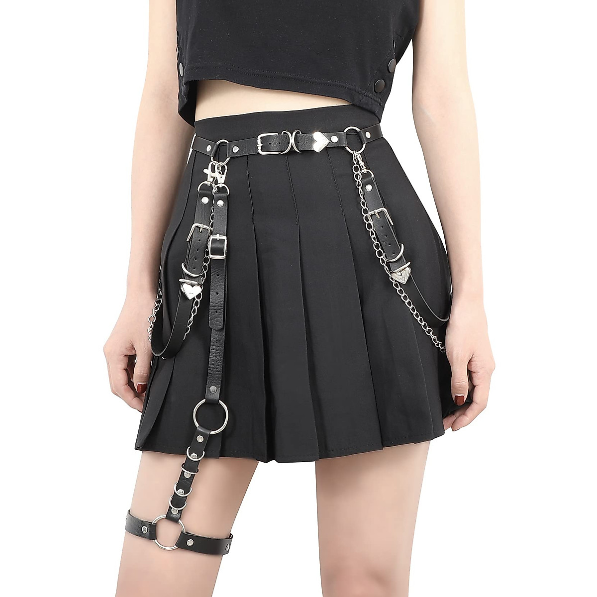 WERFORU Women Punk PU Leather Belt with Chain Ladies Gothic Rock Waist Belt with Leg Garter Halloween, Belt Suit for Waist Size 29-40 Inches, Leg Garter Suit for Thigh Girth below 24 Inches