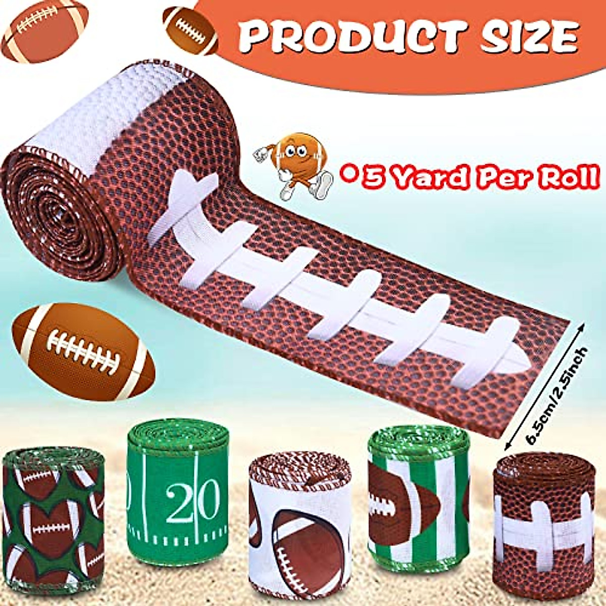 Kuscul 5 Rolls Football Wired Edge Ribbon 2.5 Inches x 25 Yard Rugby Ball Ribbon Sport Stitching Satin Wired Ribbon for Sport Team Party Decor Gift Wrapping Decor Hair Bow Sewing Wreath Crafts