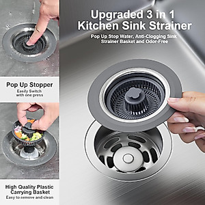 XLMSPORTS 3 in 1 Kitchen Sink Drain Strainer and Stopper Combo, 304 Stainless Steel Pop-up Kitchen Drain Stopper with Strainer Basket, Fast Drainage Kitchen Sink Plug for Standard 3-1/2 Inch Drain
