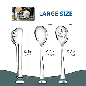 24 Pack Stainless Steel Large Serving Utensils Set - 10" Serving Spoons x 8, 10" Slotted Spoons x 8, and 9" Serving Tongs x 8 by Teivio, for Buffet, Chafing Dish, Catering Supplies (Silver)