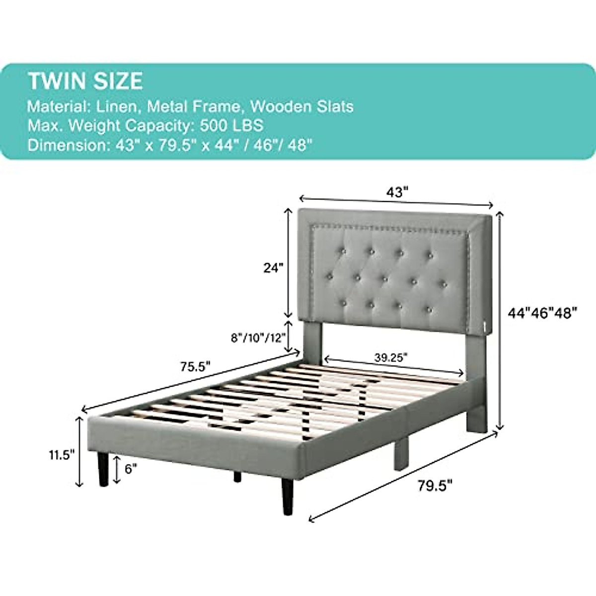 Twin Upholstered Platform Bed Frame with 48" Tall Adjustable Headboard - Button Tufted Linen Velour Bed - Wood Slat Support with Storage Space - No Box Spring Needed - Grey - Oliver & Smith - Berlin