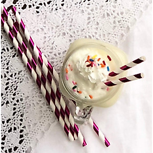 Foil Paper Straws - Hot Pink and White - Stripe Foil Paper Straws - Birthday, Valentine, Glam Party Supply - 100 Pack Outside the Box Papers Brand