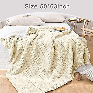 Beige Knit Sherpa Blanket Cotton Throw Blanket with Sherpa Lining Double Sided Reversible Winter Blanket Super Soft, Warm, Elegant, Plush, Cozy for Couch, Sofa, Bed Home Decor 50 x 63 inch