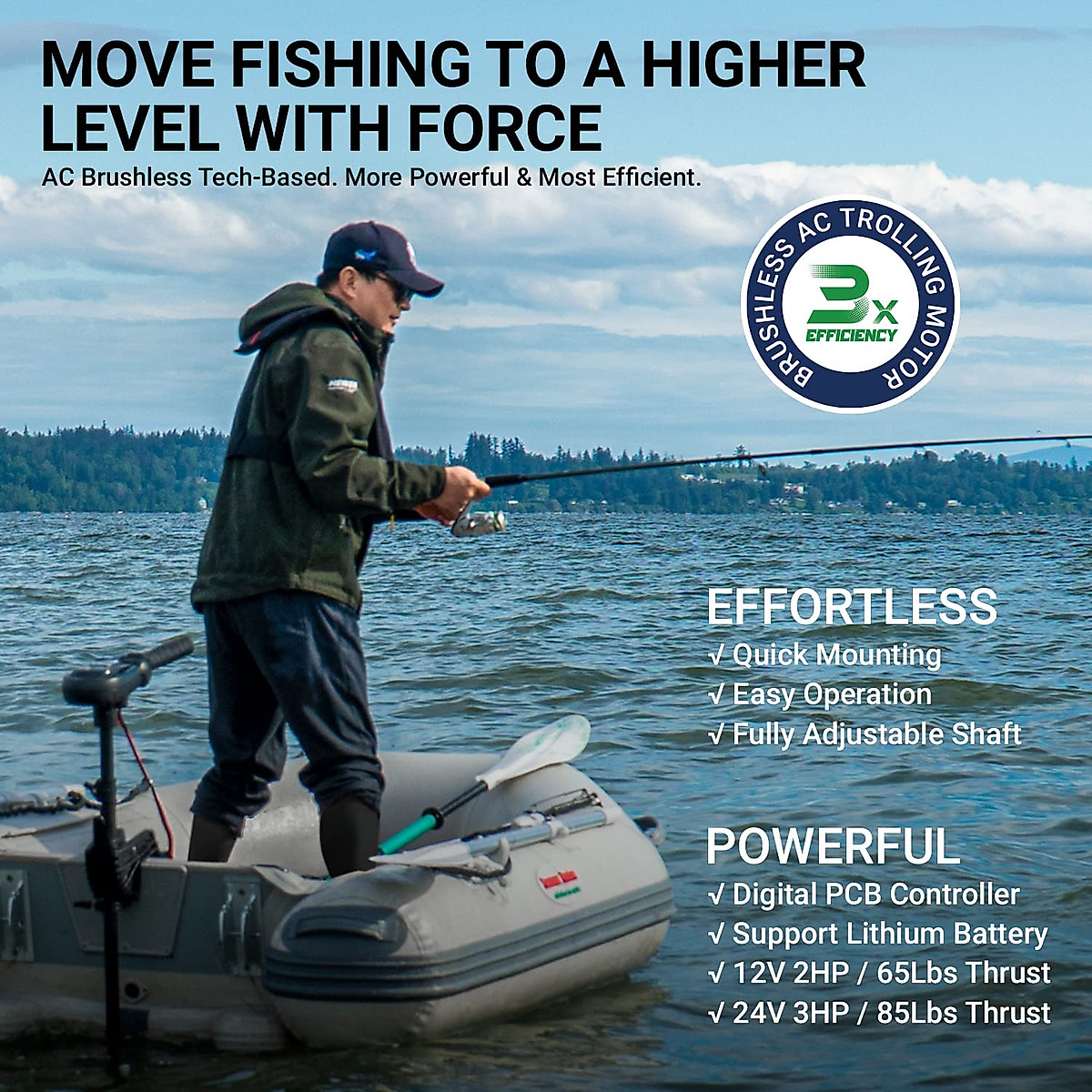 Seamax 12V PowerMax 2HP Brushless Trolling Motor, Stepless Speed Control, Equal to 65 Lb Thrust, 35 Inch Shaft