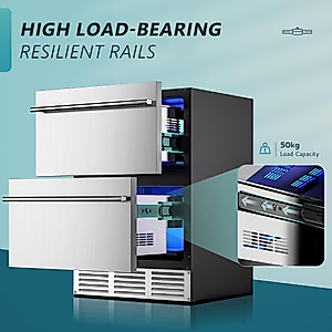 EUHOMY 24 Inch Under Counter Double Drawer Fridge, Weather Proof Stainless Steel Outdoor Beverage Refrigerator for Patio, Built-in Beverage Fridge for Home & Commercial Use Stainless Steel Silver