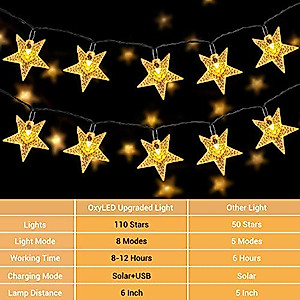 OxyLED Solar String Lights Outdoor Christmas 59 Ft 110 LED Star Lights Decorative 8 Modes USB Rechargeable Twinkle Fairy Lights Waterproof for Garden Patio Backyard Wedding Party Warm White