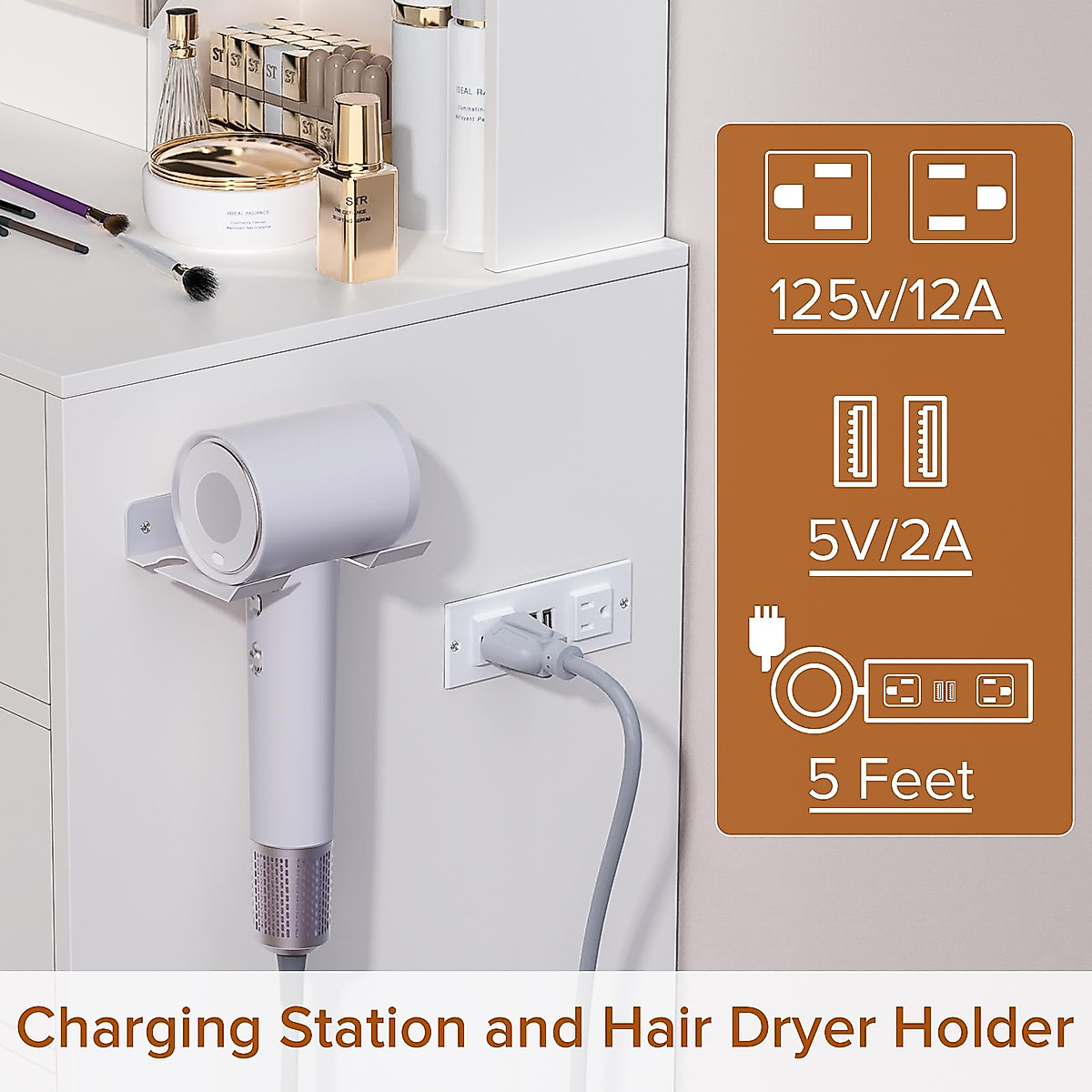 Zvivofla Vanity Desk with Mirror and Lights, Makeup Vanity Table Set with Charging Station & 5 Drawers, Bedroom Dressing Set with Chair for Girls Women, 3 Lighting Colors, White