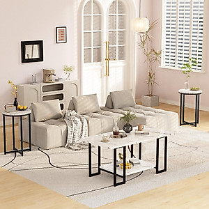 Lamerge 3 Pieces Living Room Table Set, Faux Marble Coffee Table with 2 Round End Side Tables, Coffee Table Set with Metal Frame for Apartment Home Office, White Black