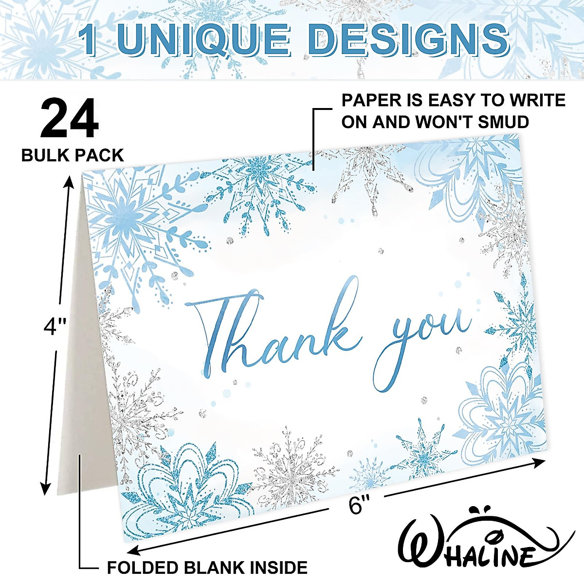 Whaline 24 Pack Christmas Thank You Cards Blue Glitter Snowflake Greeting Cards with Envelopes Stickers Blank Note Cards for Xmas Winter Party Invitation Supplies, 4 x 6 Inch