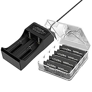 LCLEBM 4Pack Battery for 3.7V Flat Top Battery Rechargeable with Battery Storage Case, 2 Bay USB Charger for Fan,Headlamps,Flashlight,Camera and More
