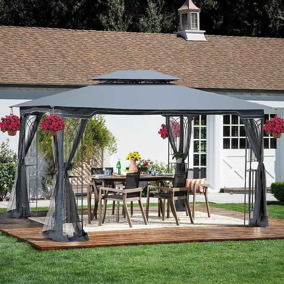 JINS&VICO 13x10 ft Gazebo Double Roof Canopy with Netting and Shaded Curtains, Outdoor Gazebo 2-Tier Hardtop Galvanized Iron Aluminum Frame Garden Tent for Patio, Backyard, Deck and Lawns, Gray
