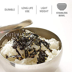 Eutuxia Korean Stainless Steel Rice Bowl + Lid, Set of 4. Traditional, Round & Unbreakable. Keep Rice or Soup Warm w/Metal Bowl. Made in Korea. 스텐밥공기