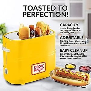 Oscar Mayer 2 Slot Hot Dog and Bun Toaster with Mini Tongs, Hot Dog Toaster Works with Chicken, Turkey, Veggie Links, Sausages and Brats, Yellow
