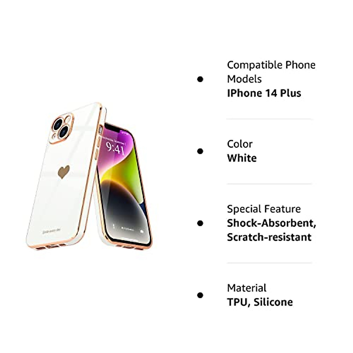 Teageo for iPhone 14 Plus Case for Women Girl Cute Love Heart Luxury Plating Soft Bling Back Cover Raised Full Camera Protection Bumper Silicone Shockproof Phone Case for iPhone 14 Plus, White