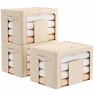 FAikhom 3 Pack Stackable Storage Bins- Foldable Metal Frame Storage Box Oxford Fabric Stackable Clothes Container Organizer with clear Window & Carry Handles (66L, Beige)