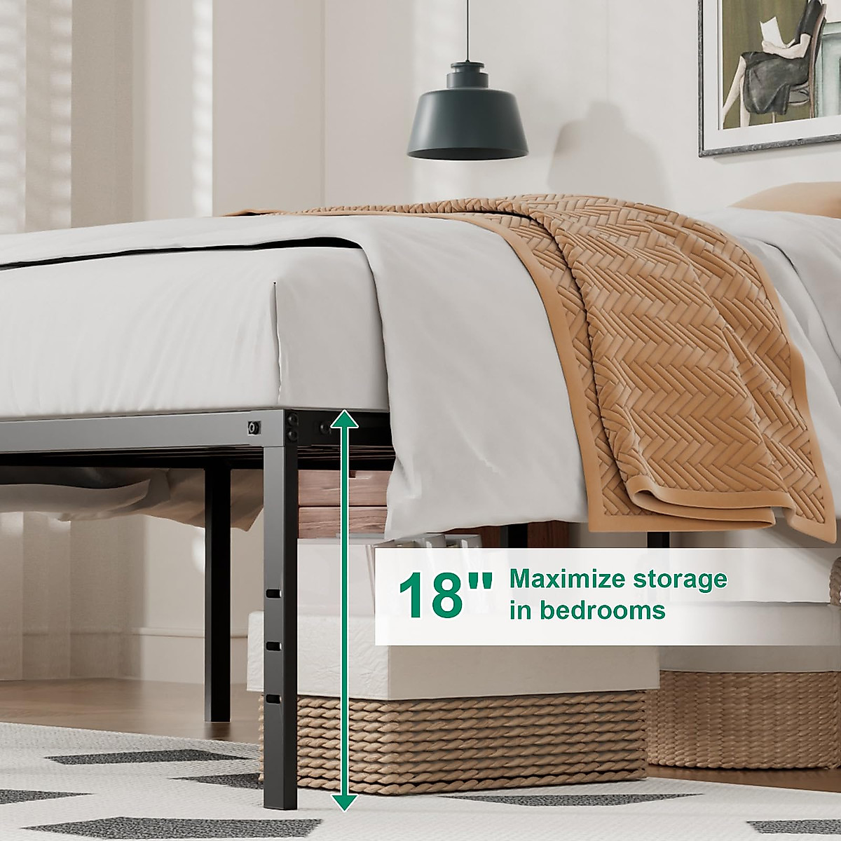 RRG 18 Inch Full Bed Frames, Heavy Duty Metal Platform with Tool Free Setup, Easy Assembly,Noise Free, Non Slip Black Bed Frame Full Size