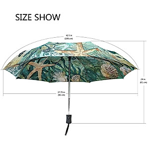 Wamika Vintage Ocean Turtle Umbrella Automatic Open Close Sea Starfish World Map Anti-UV Umbrellas Compact Windproof Lightweight Parasol Umbrella for Travel Car School Sun & Rain