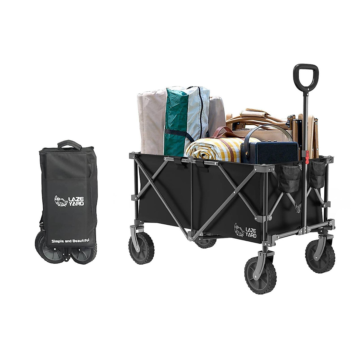 LAZEYARD Collapsible Wagon Cart,Foldable Heavy-duty Wagon Cart with Universal Wheels and Adjustable Handle,220lbs Capacity Folding Garden Utility Wagon with 2 Drinking Holders for Outdoor Shopping