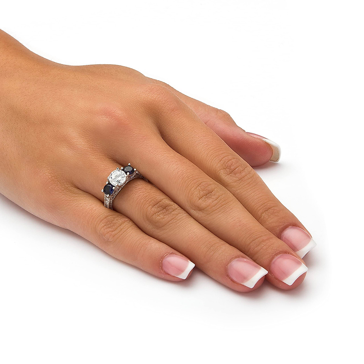 PalmBeach Jewelry Sterling Silver Round Cubic Zirconia and Round Blue Simulated Sapphires 3-Stone Bridal Ring Sizes 6-10 Size 7