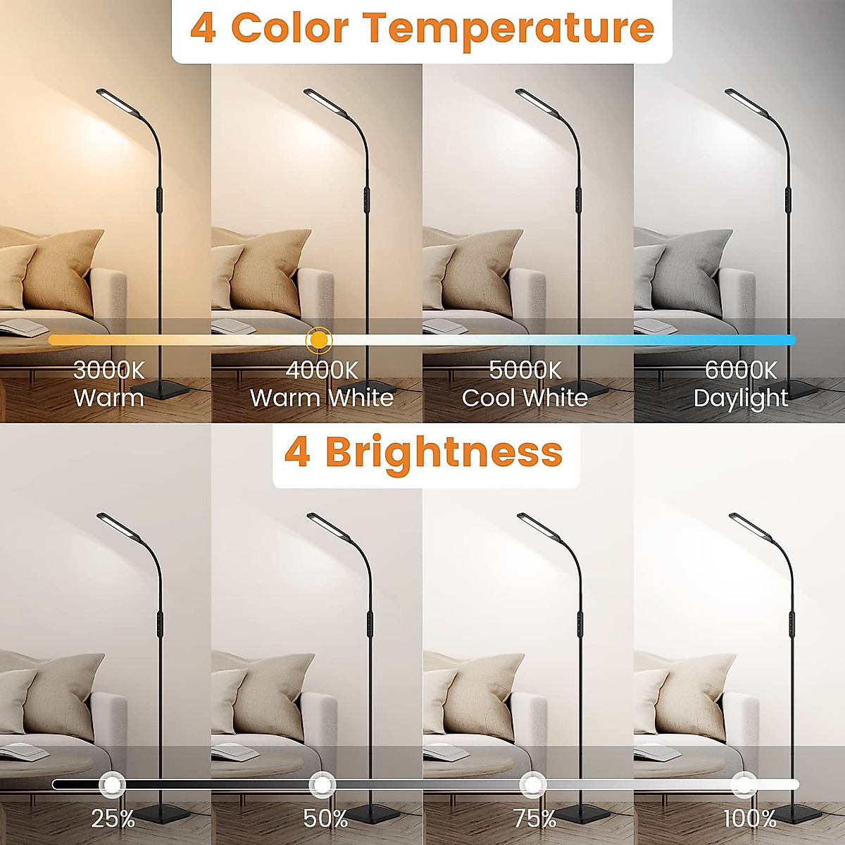 LASTAR LED Floor Lamp, Reading Lamp with 3000K-6000K & 4 Brightness Levels, Dimmable Standing Lamps for Living Room, Office with Flexible Gooseneck,Timer & Memory Function