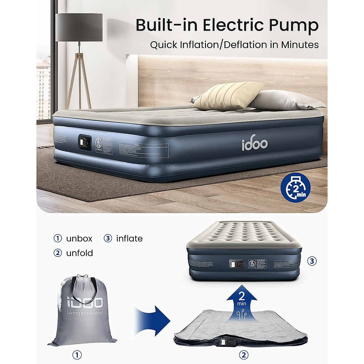 iDOO Air Mattress, Air Mattress Full with Built in Pump for Camping & Guest, 18" Raised Dual Chamber Airbed, Fast-Inflating Blow-up Bed, Colchon Inflable - Portable, Comfotable, 600lbs Max