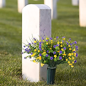 Colovis 9pcs Artificial Flowers Outdoor UV Resistant Fake Plants Greenery Shrubs Faux Plastic Flower in Bulk for Indoor Outside Hanging Planter Porch Cemetery Pots Decoration (Yellow, Purple, Green)