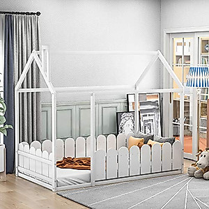 Merax Twin Size House Bed Frames Platform Bed with Fence for Boys or Girls, Box Spring Needed(Slats Kit Not Included), White