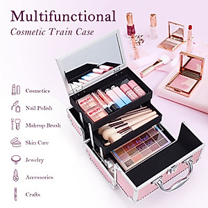 FRENESSA Makeup Train Case Cosmetic Case Organizer Portable Makeup Box 2 Trays with Lockable Mirror Makeup Storage Organizer for Girls Makeup Artist Makeup Tools Travel Makeup Case Glitter Pink