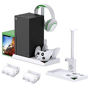 Vertical Cooling Stand for Xbox Series X, Dual Controller Charging Dock Station for Xbox Series X Cooling Fan with 2 Pack 1400mAh Rechargeable Batteries, 10 Games Storage and Headset Stand, White