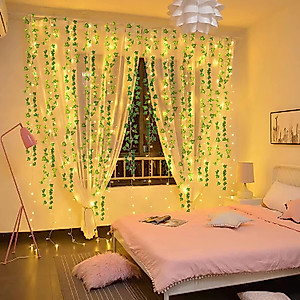 COCOBOO 168Ft 24 Pack Fake Vines with Lights, Ivy Garland Fake Leaves with 200 LED Srting Light, Green Hanging Vines for Bedroom Room Home Garden Wedding Wall Aesthetic Decor