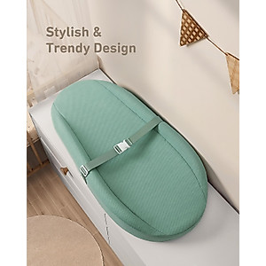 Contoured Changing Pad with Soft & Washable Cover, Waterproof Lining Foam Baby Changing Table Pads for Dresser Top, Secure with Security Strap and Two High Curved Sides, 32”×16”, Sage Green