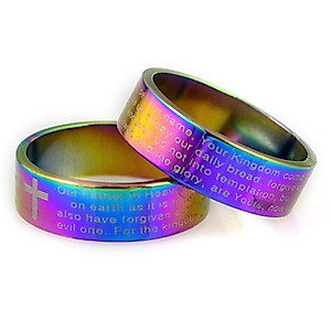 Religious Rings S17 Rainbow Multi Color Stainless Steel Our Father Prayer Ring Cross Christian Bible (8)