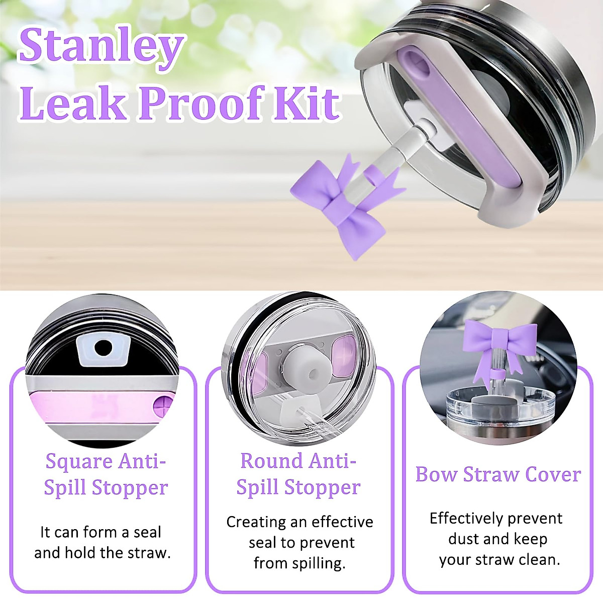 MOTEERLLU 6pcs Stanley Cup Accessories Set,Bow Straw Cover for Stanley Cup 30oz 40oz, Including Straw Topper,Spill Proof Stopper,Sparkly Silicone Boot Set,Handle Charm,Initials Sticker (A)