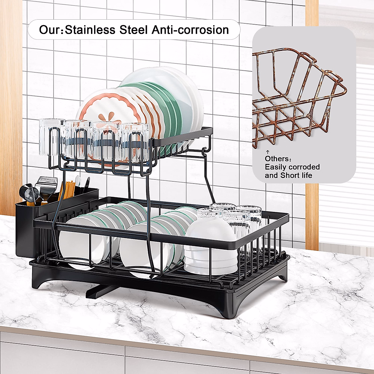 Dish Drying Rack for Kitchen Counter with Dryer Mat, 2-Tier Large Capacity Dish Racks Over The Sink and Drainboard with Drainage, Stainless Steel Anti-Rust Sink Dish Strainer with Utensils Holder
