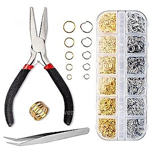 Anzlah Open Jump Rings and Lobster Clasps Jewelry Fixing Kit (1200 pcs Gold and Silver) with a Bent Nose Jump Ring Pliers, Tweezers, and a Jump Ring Opener (O Rings for Jewelry Making)
