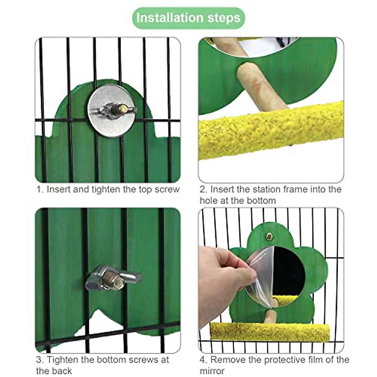 Bird Parrot Mirror with Perch Natural Wood Swing Colorful Sand Grind Paw Trim Beak for Small Parrot Parakeet Cockatiel Lovebird Conure Finch Budgie (Flower-Shaped)