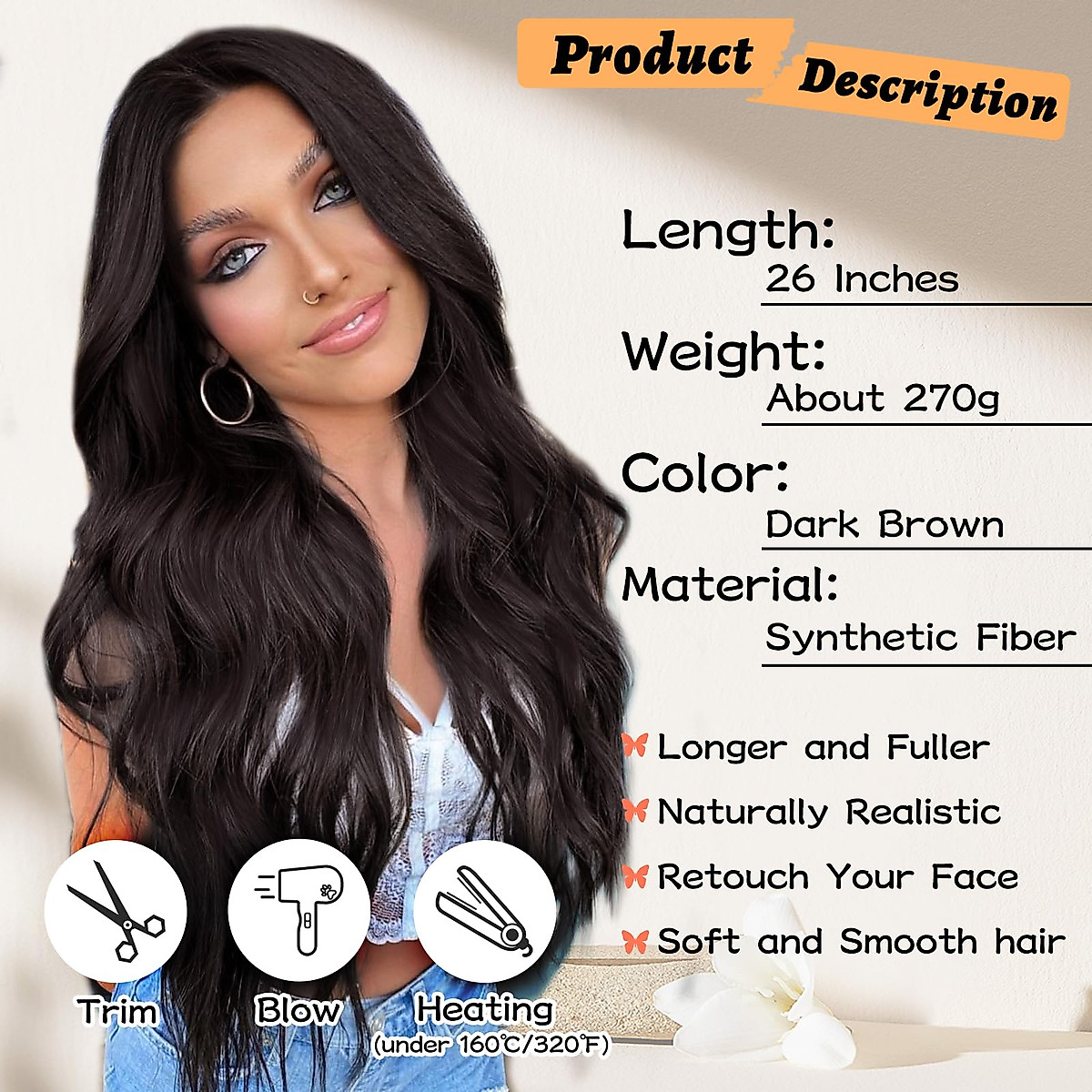 NAYOO Long Dark Brown Wavy Wig for Women Synthetic Curly Middle Part Wig Natural Looking Heat Resistant Fibre for Daily Party Use 26 Inch (Dark Brown)
