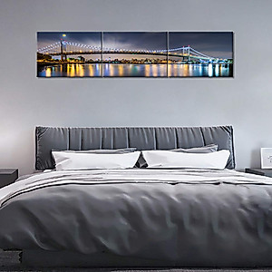 Living Room Wall Decor Astoria New York Skyline Wall Art Triboro Bridge Across East River At Night HD Poster Prints on Canvas 3 Pieces Moon landscape Home Decor Framed Ready to Hang 14x20 inch x3