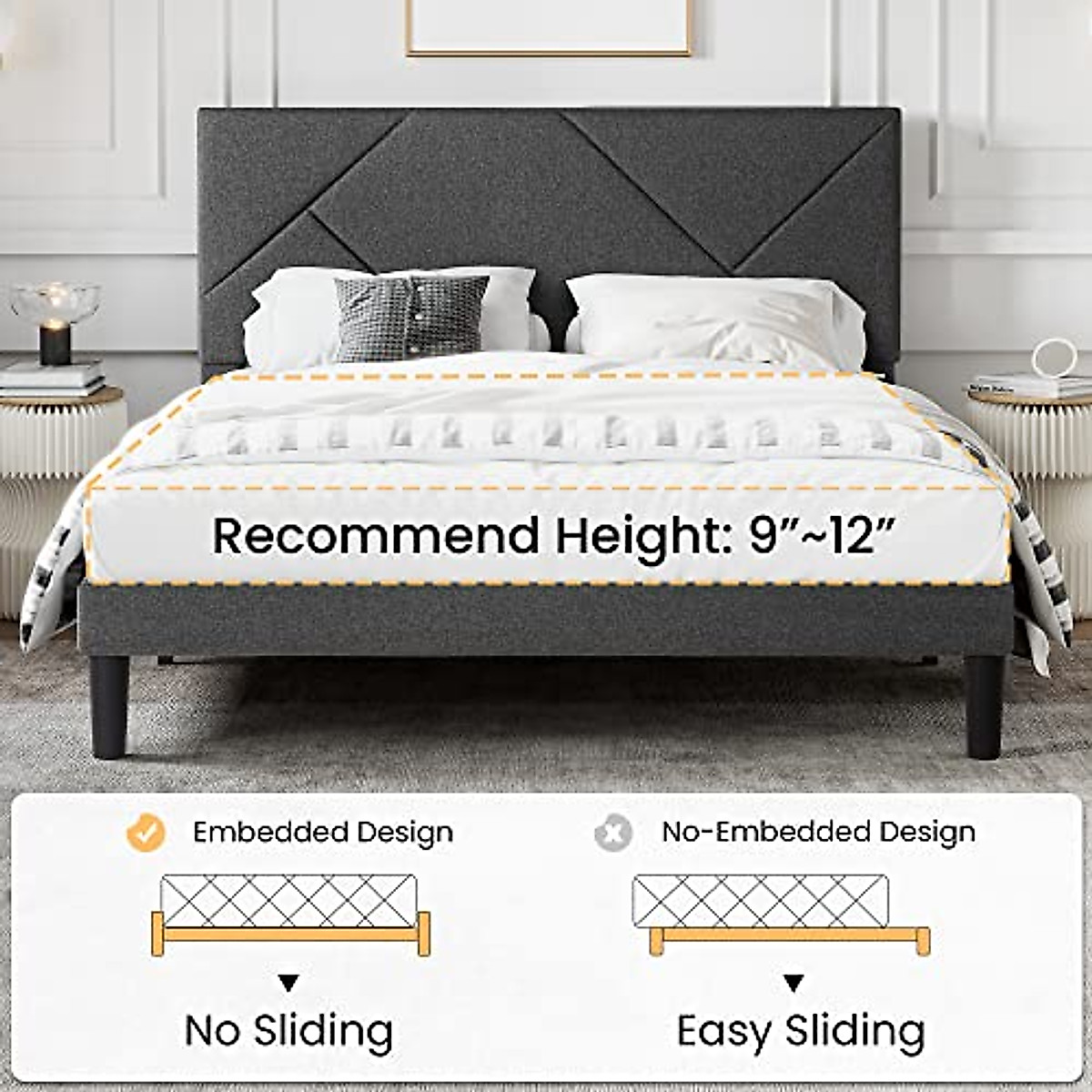 SHA CERLIN Full Size Upholstered Bed Frame with Geometric Headboard, Heavy-Duty Platform Bed Frame with Wood Slats Support, Mattress Foundation, No Box Spring Needed, Easy Assembly, Dark Grey