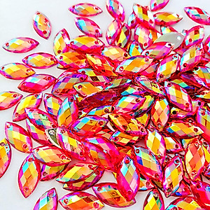 300pcs AB Horse Eye Shape Crystal Clear Sew On Acrylic Rhinestones Flatback Fancy Stones Sewing for Clothing Dress Decorations 7X15MM (Red)