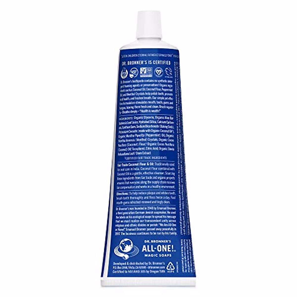 Dr. Bronner’s - All-One Toothpaste (Peppermint, 5 Ounce) - 70% Organic Ingredients, Natural and Effective, Fluoride-Free, SLS-Free, Helps Freshen Breath, Reduce Plaque, Whiten Teeth, Vegan