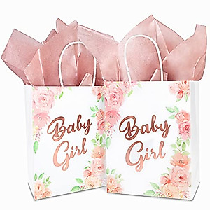 Ocean Line Baby Shower Paper Gift Bags for Girl with Tissue Papers - 12 Pack Kraft Floral Baby Girl Bags with Rose Gold Wrapping Papers, Size 8" L x 4" W x 10" H